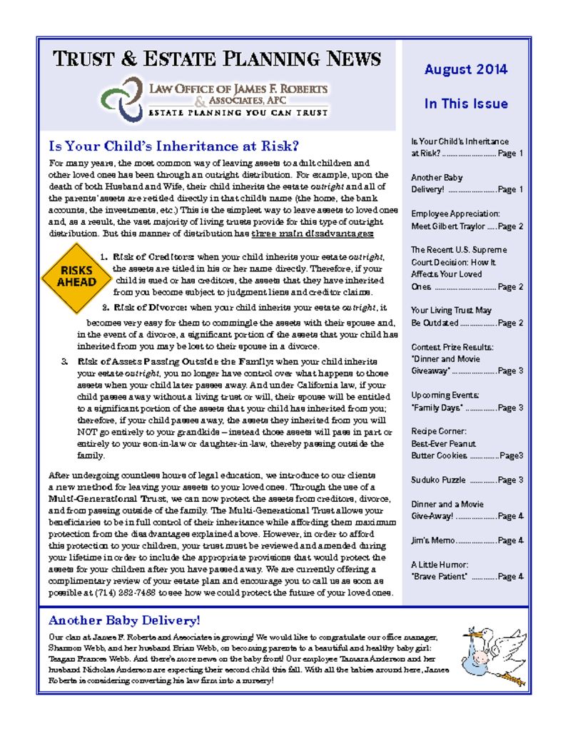August 2014 Newsletter - Law Office of James F. Roberts & Associates, APC