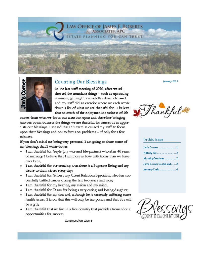 January 2017 Newsletter - Law Office of James F. Roberts & Associates, APC