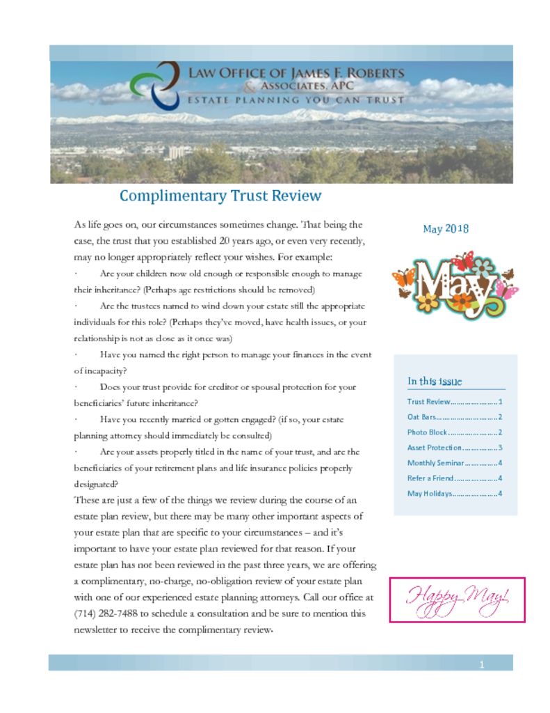 May 2018 Newsletter - Law Office of James F. Roberts & Associates, APC